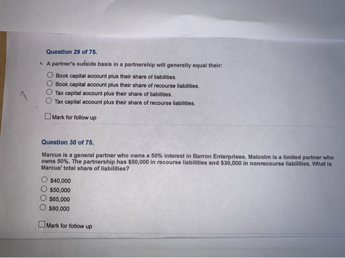 Solved Question 29 of 75. A partner's outside basis in a | Chegg.com