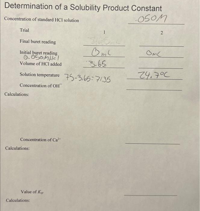Determination of a Solubility Product Constant | Chegg.com