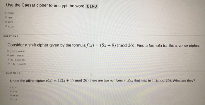 Solved Use the Caesar cipher to encrypt the word BIRD CROW | Chegg.com