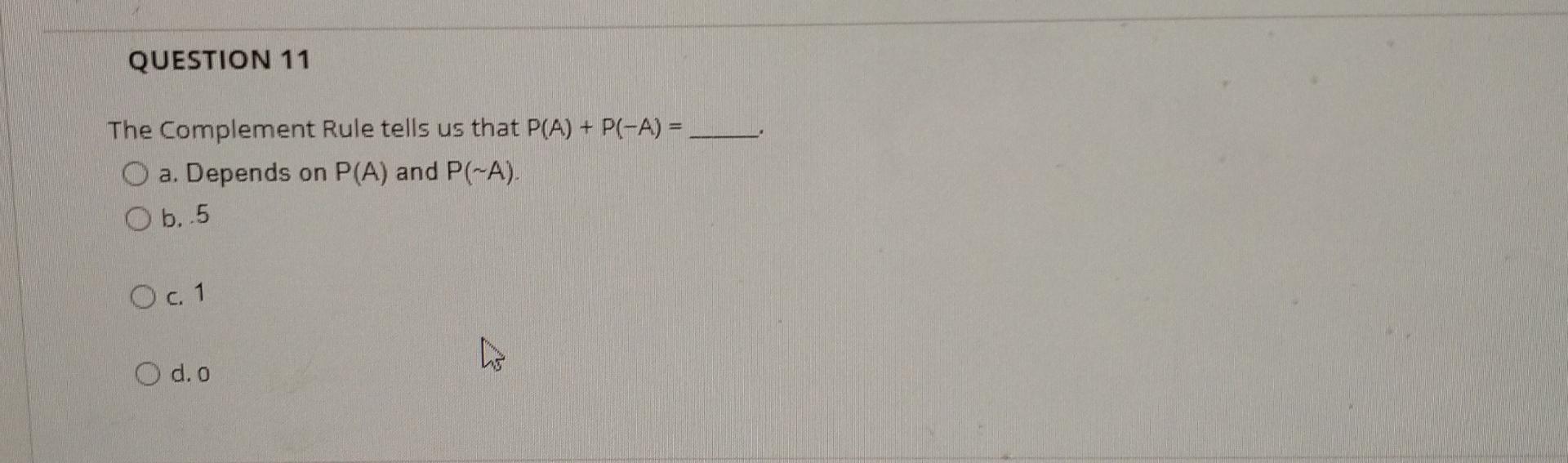 Solved QUESTION 11 The Complement Rule tells us that P(A) + | Chegg.com