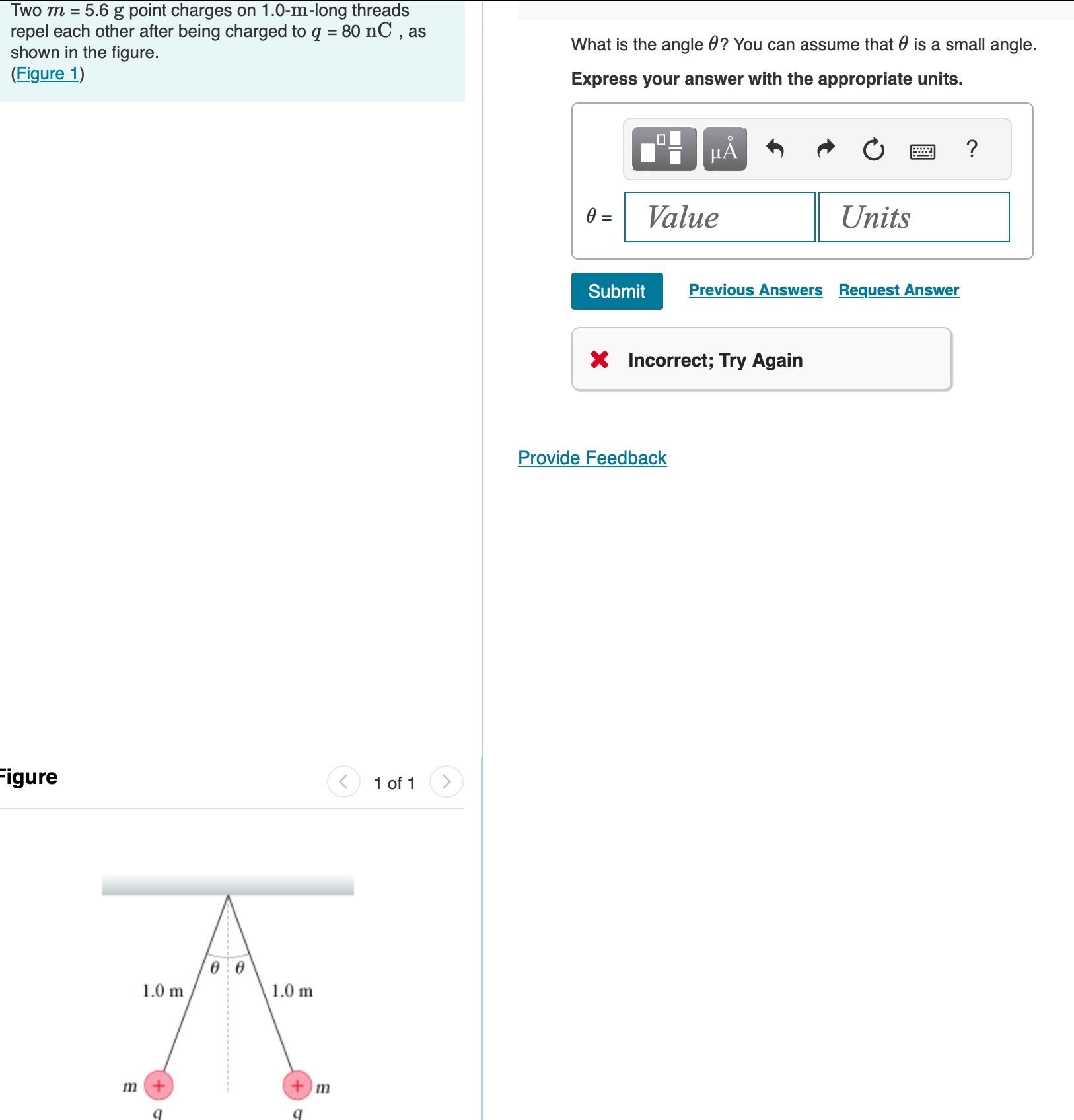 Solved Two m=5.6g ﻿point charges on 1.0-m-long threads repel | Chegg.com