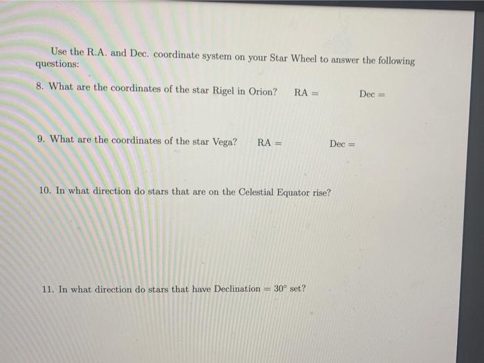 Solved Use the R.A. and Dec. coordinate system on your Star | Chegg.com