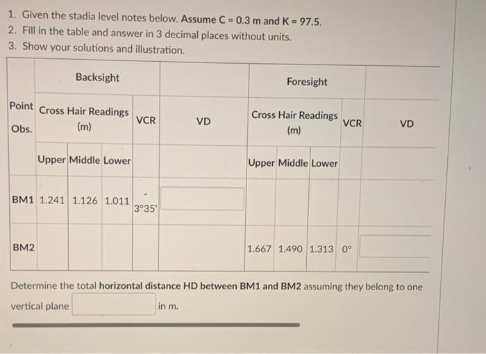 Solved 1. Given the stadia level notes below. Assume C = 0.3 | Chegg.com