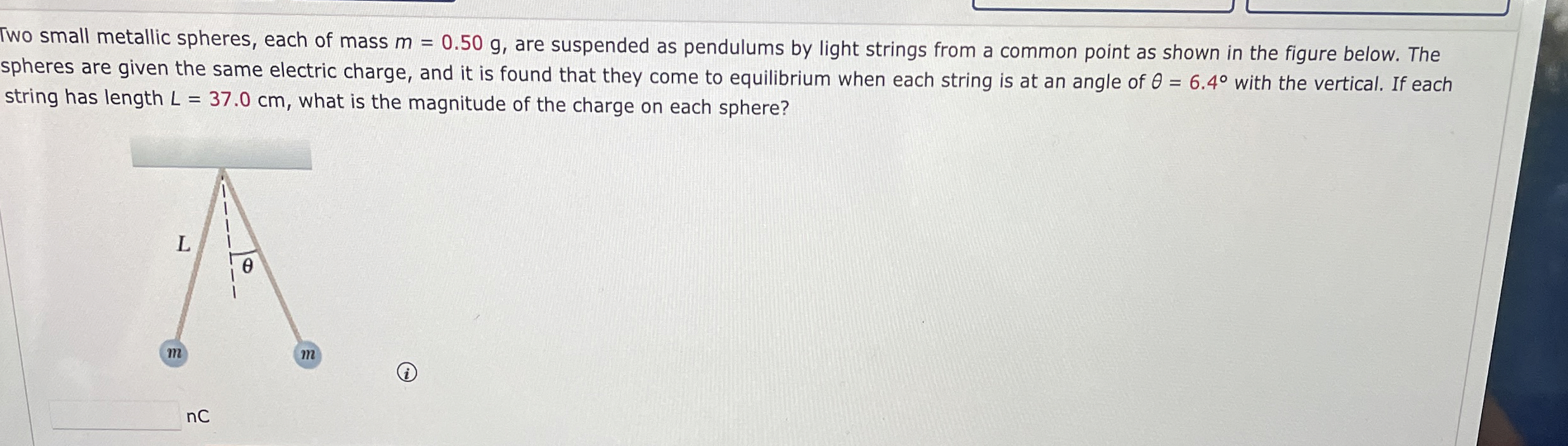 Solved Two small metallic spheres, each of mass m=0.50g, | Chegg.com