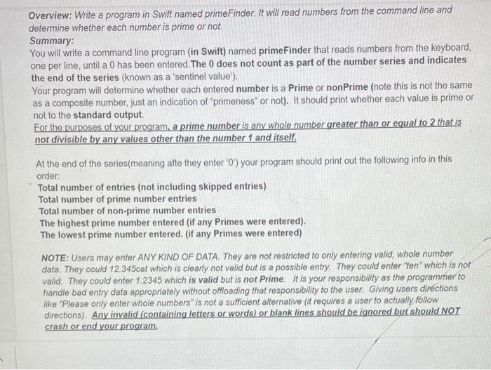 Solved Overview: Write a program in Swift named primeFinder. | Chegg.com