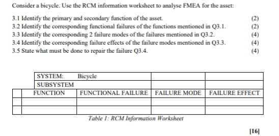 Solved Consider a bicycle. Use the RCM information worksheet | Chegg.com