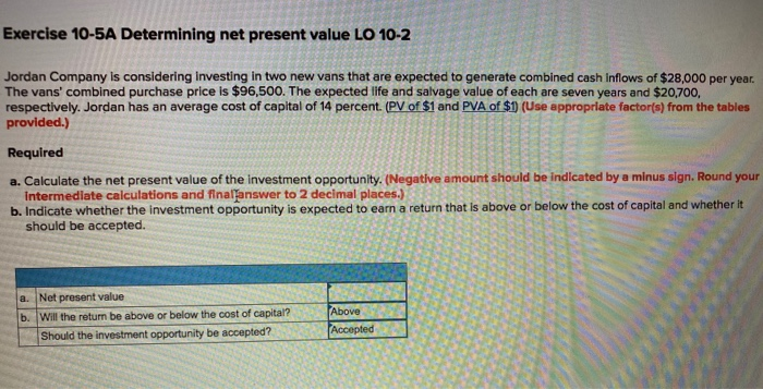 Solved Exercise 10-5A Determining net present value LO 10-2 | Chegg.com