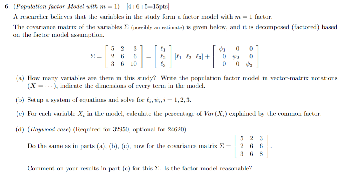 Solved (Population factor Model with m=1A researcher | Chegg.com