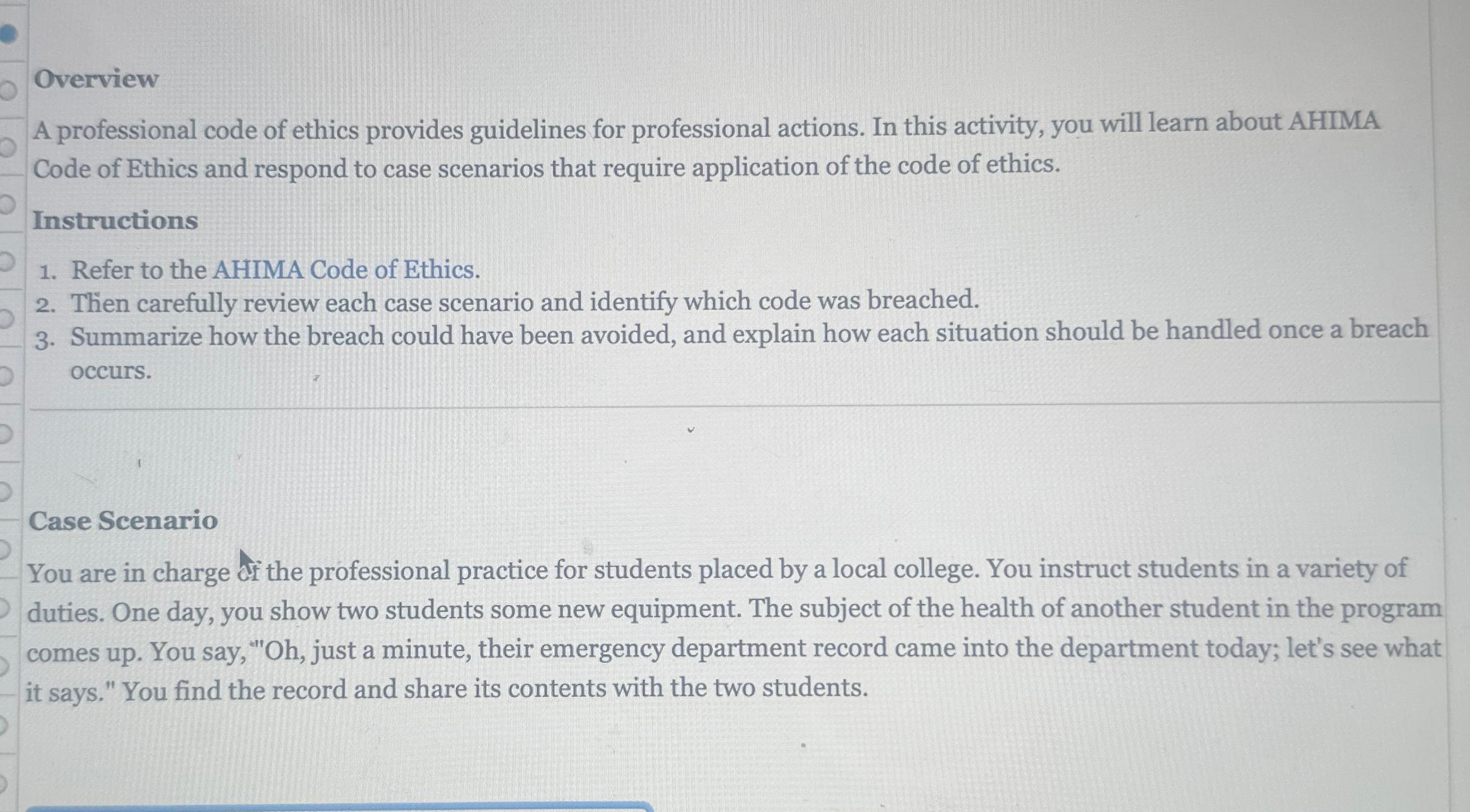 Solved OverviewA professional code of ethics provides | Chegg.com