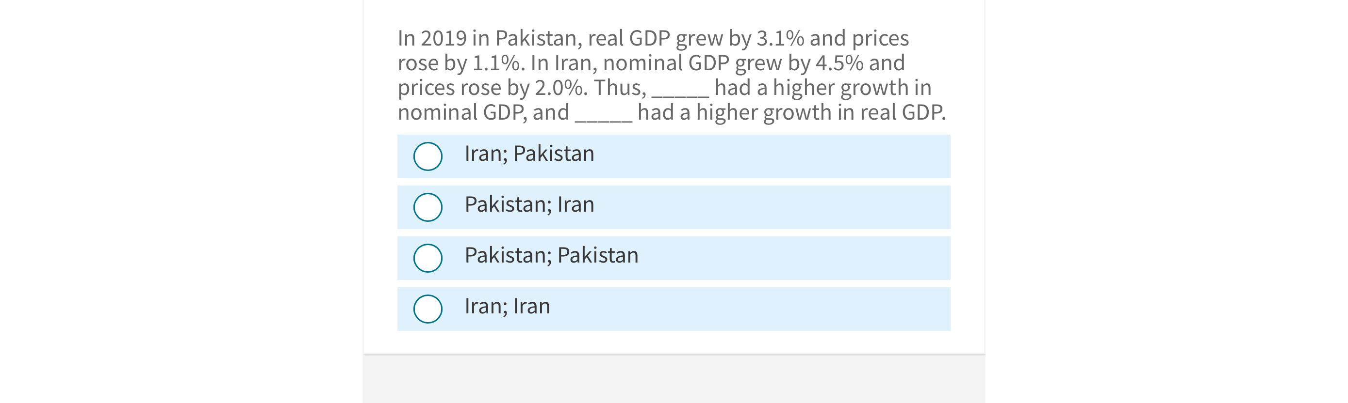 Solved In 2019 ﻿in Pakistan, real GDP grew by 3.1% ﻿and | Chegg.com