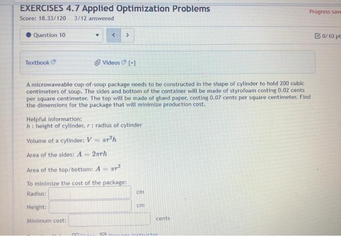 Solved EXERCISES 4.7 Applied Optimization Problems Score: | Chegg.com