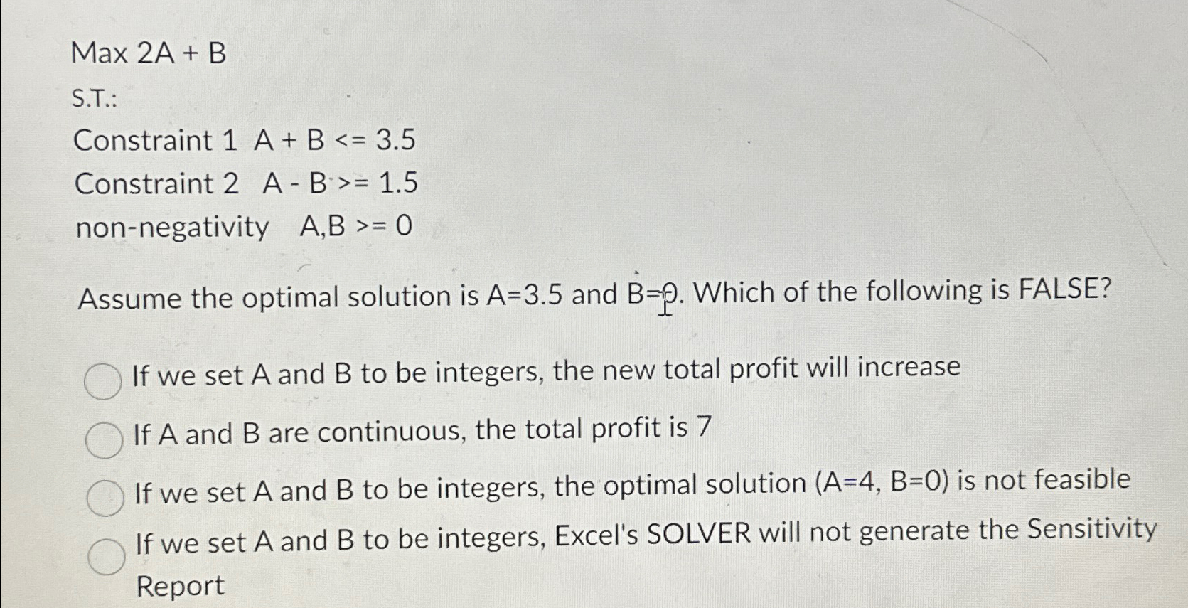 Solved Max2A+BS.T.:Constraint 1A+B≤3.5Constraint 2 ﻿A | Chegg.com