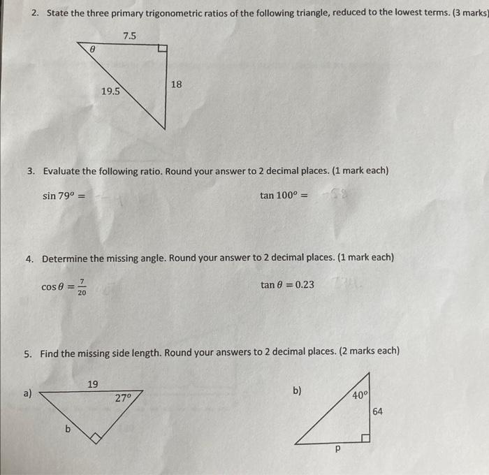 Solved 2. State the three primary trigonometric ratios of | Chegg.com