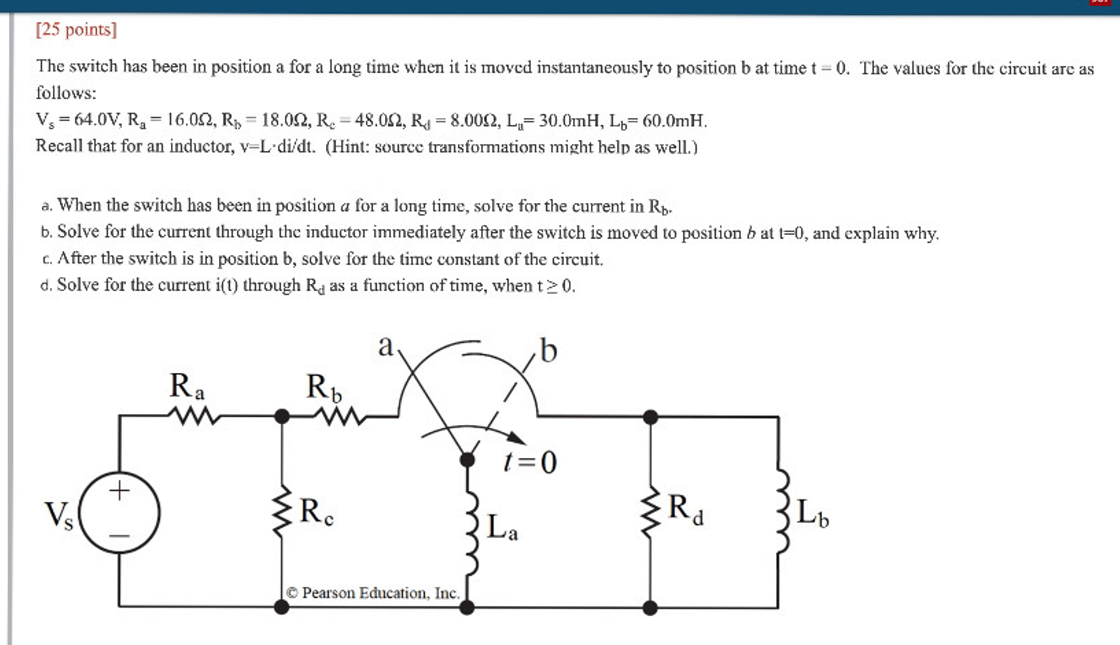 Solved The switch has been in position a for a long time | Chegg.com