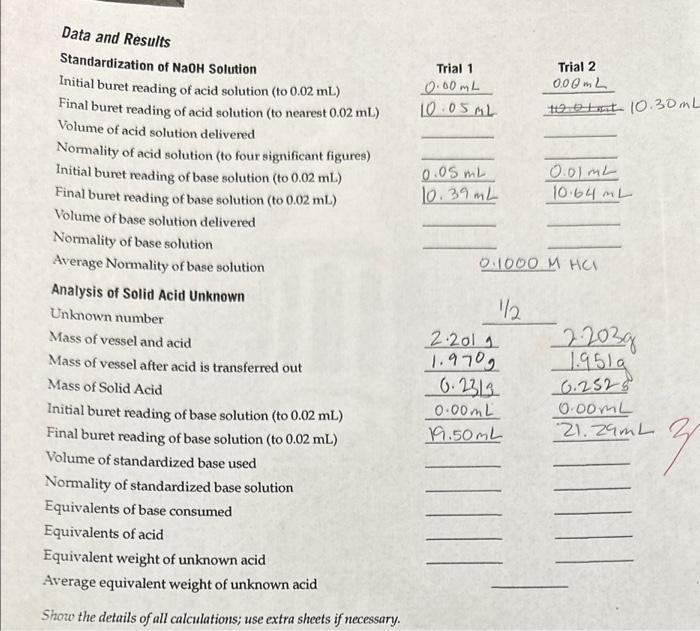 Data and Results Standardization of NaOH Solution | Chegg.com