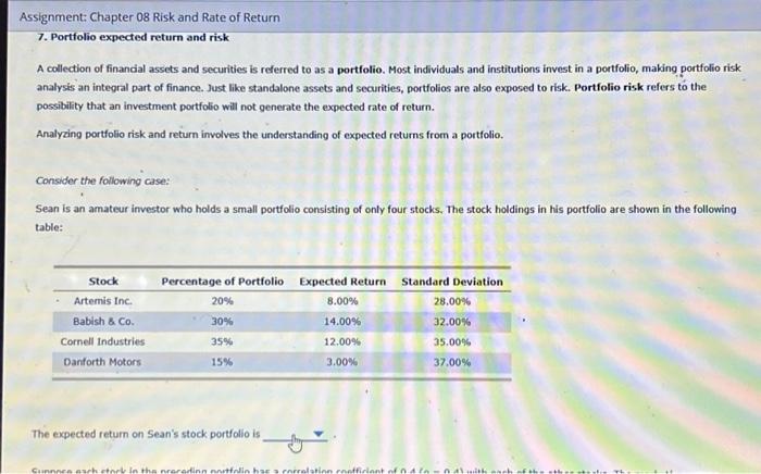 Solved 7. Portfolio expected return and risk A collection of | Chegg.com