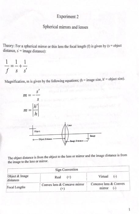 Solved Experiment 2 Spherical mirrors and lenses Theory: For | Chegg.com