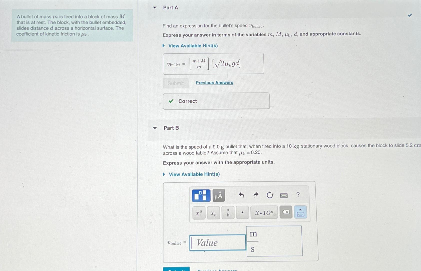 Solved Part AA bullet of mass m ﻿is fired into a block of | Chegg.com