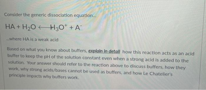 Solved Consider the generic dissociation equation... HA + | Chegg.com