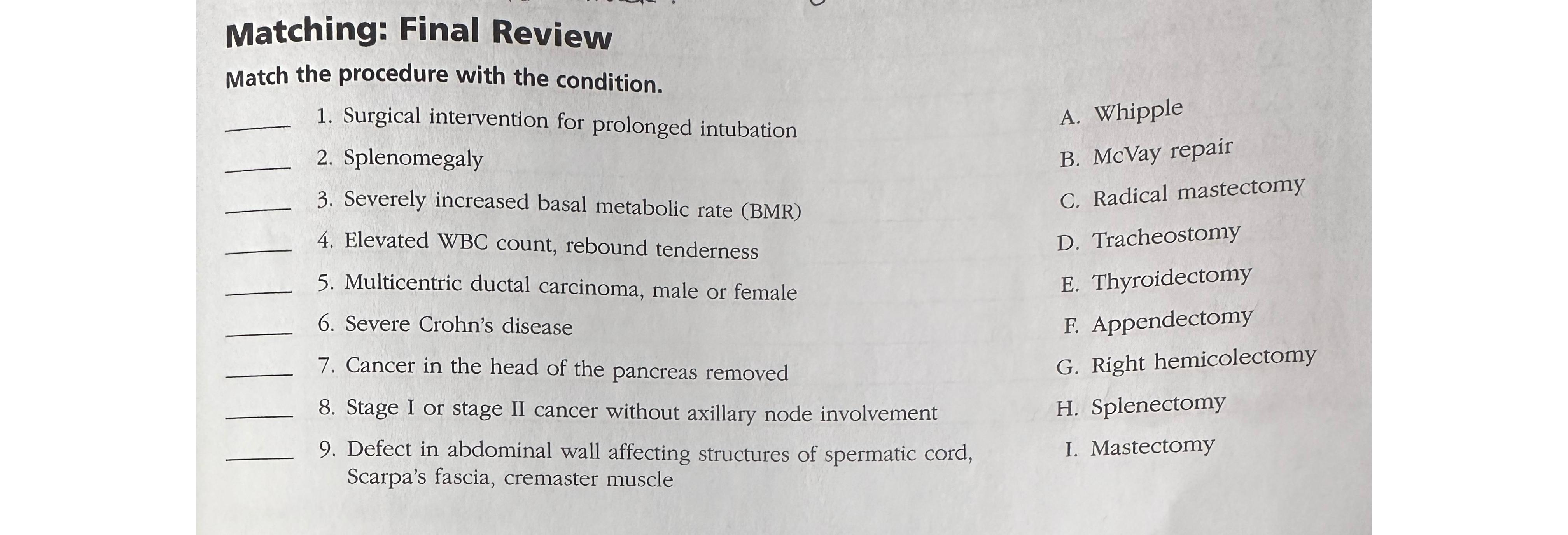Solved Matching: Final ReviewMatch the procedure with the | Chegg.com