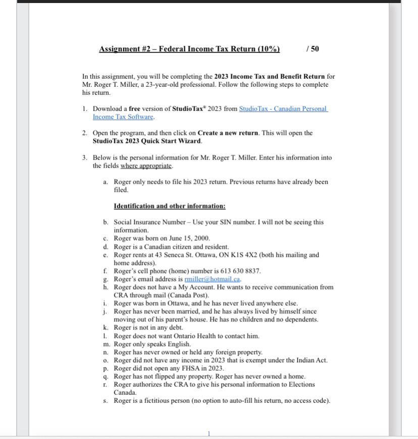 Solved Assignment #2 - ﻿Federal Income Tax Return (10%)?50In | Chegg.com