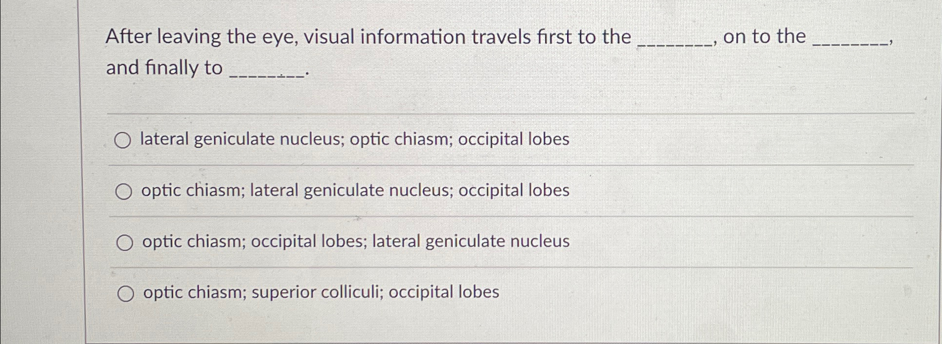 Solved After leaving the eye, visual information travels | Chegg.com