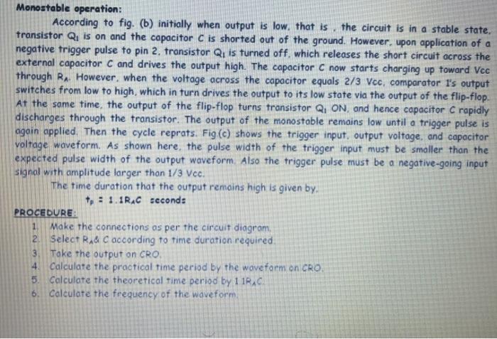 Solved 555 as a Monostable Multivibrator, OBJECTIVE: To | Chegg.com