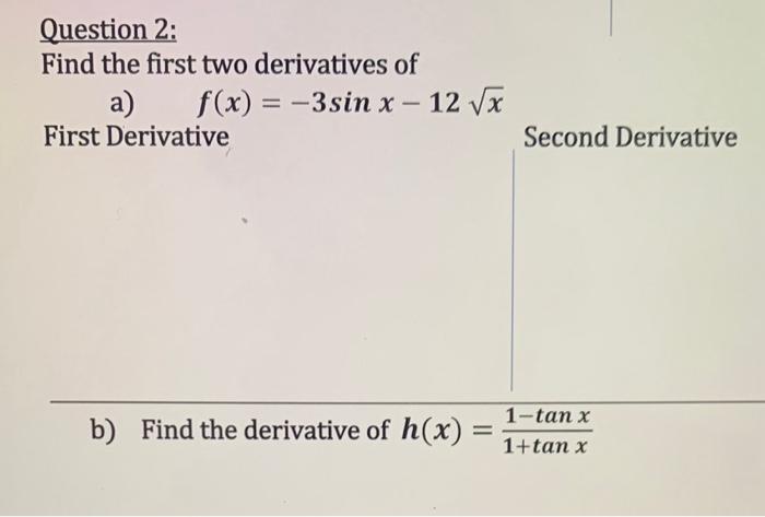 Solved Question 2: Find the first two derivatives of a) | Chegg.com