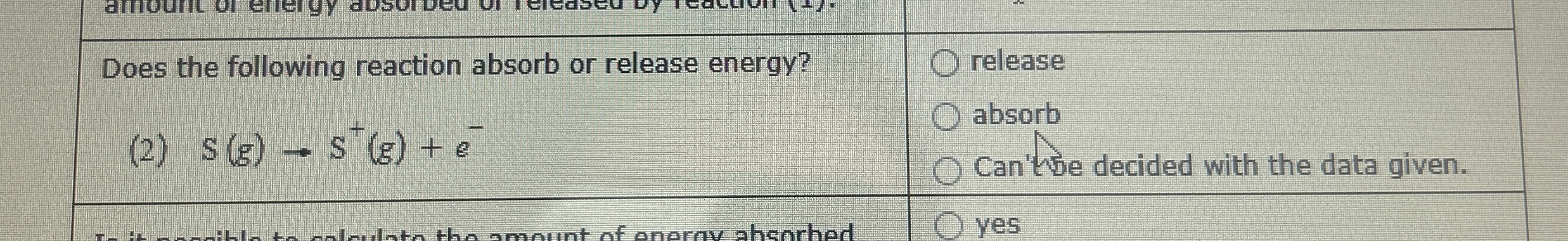 Solved Does the following reaction absorb or release | Chegg.com