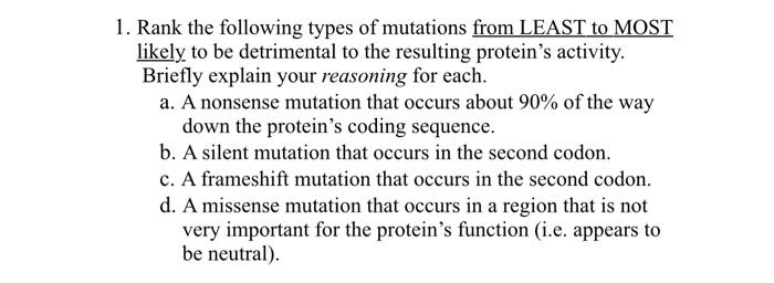 Solved 1. Rank the following types of mutations from LEAST | Chegg.com