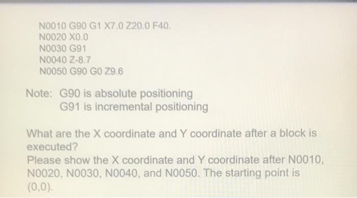Solved N0010 G90 G1 X7.0 Z20.0 F40. N0020 ×0.0 N0030 G91 | Chegg.com