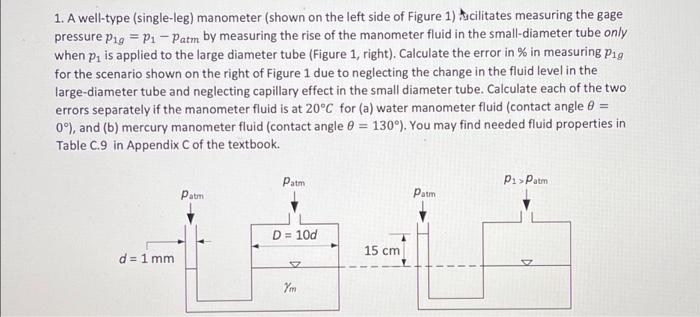 Solved 1. A well-type (single-leg) manometer (shown on the | Chegg.com