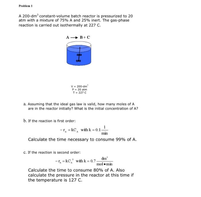 Solved Problem 1 A 200-dm constant-volume batch reactor is | Chegg.com