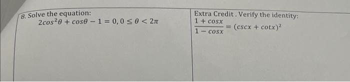 Solved 8. Solve the equation: 2cos2θ+cosθ−1=0,0≤θ