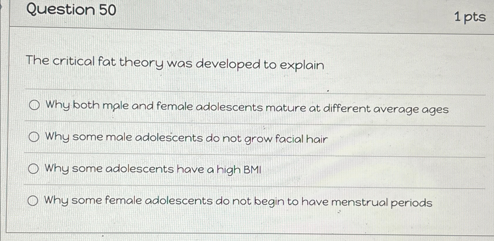 Solved Question 501 ﻿ptsThe critical fat theory was | Chegg.com