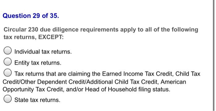 Solved Question 29 of 35. Circular 230 due diligence | Chegg.com