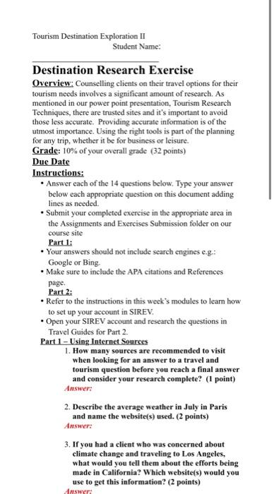 Tourism Destination Exploration II Student Name: | Chegg.com