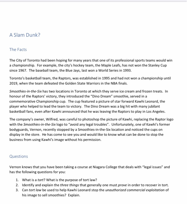 Solved A Slam Dunk? The Facts The City of Toronto had been | Chegg.com