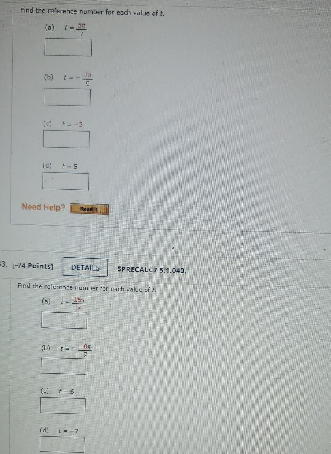 Solved Find the reference number for each value of t. (a) | Chegg.com