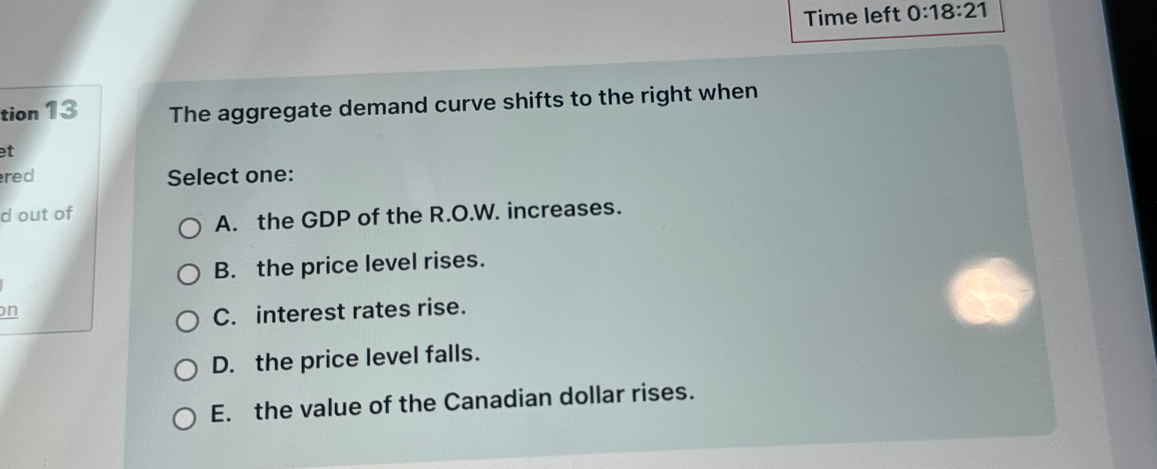 Solved Time left 0:18:21The aggregate demand curve shifts to | Chegg.com