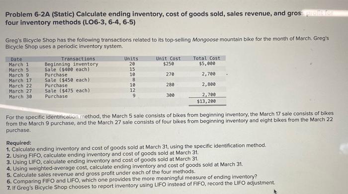 Solved Problem 6-2A (Static) Calculate ending inventory, | Chegg.com
