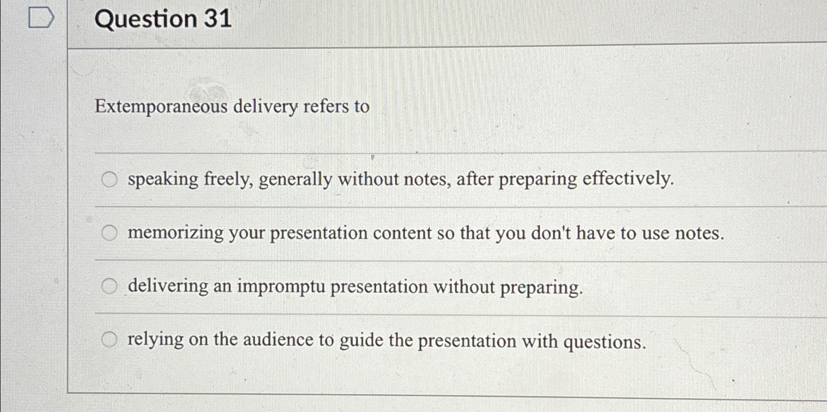 Solved Question 31Extemporaneous delivery refers tospeaking | Chegg.com