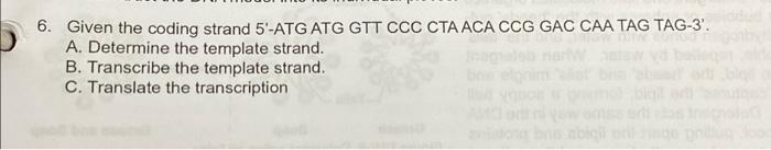 Solved 6. Given the coding strand 5'-ATG ATG GTT CCC CTA ACA | Chegg.com