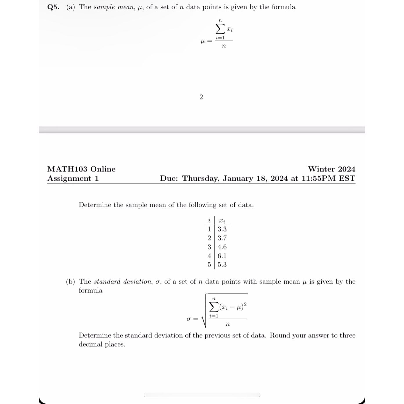 Solved Q5. (a) The sample mean, \\\\mu , of a set of n data | Chegg.com