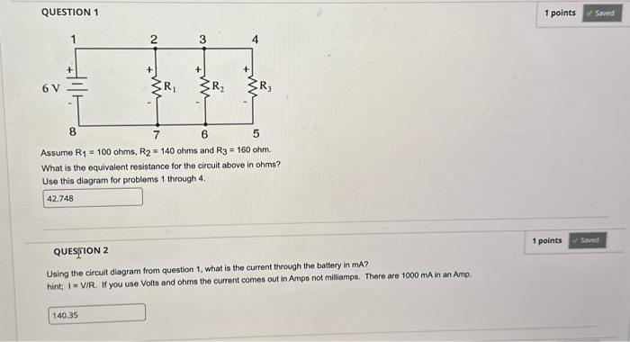 Solved QUESTION 1 Assume R1=100 ohms, R2=140 ohms and R3=160 | Chegg.com