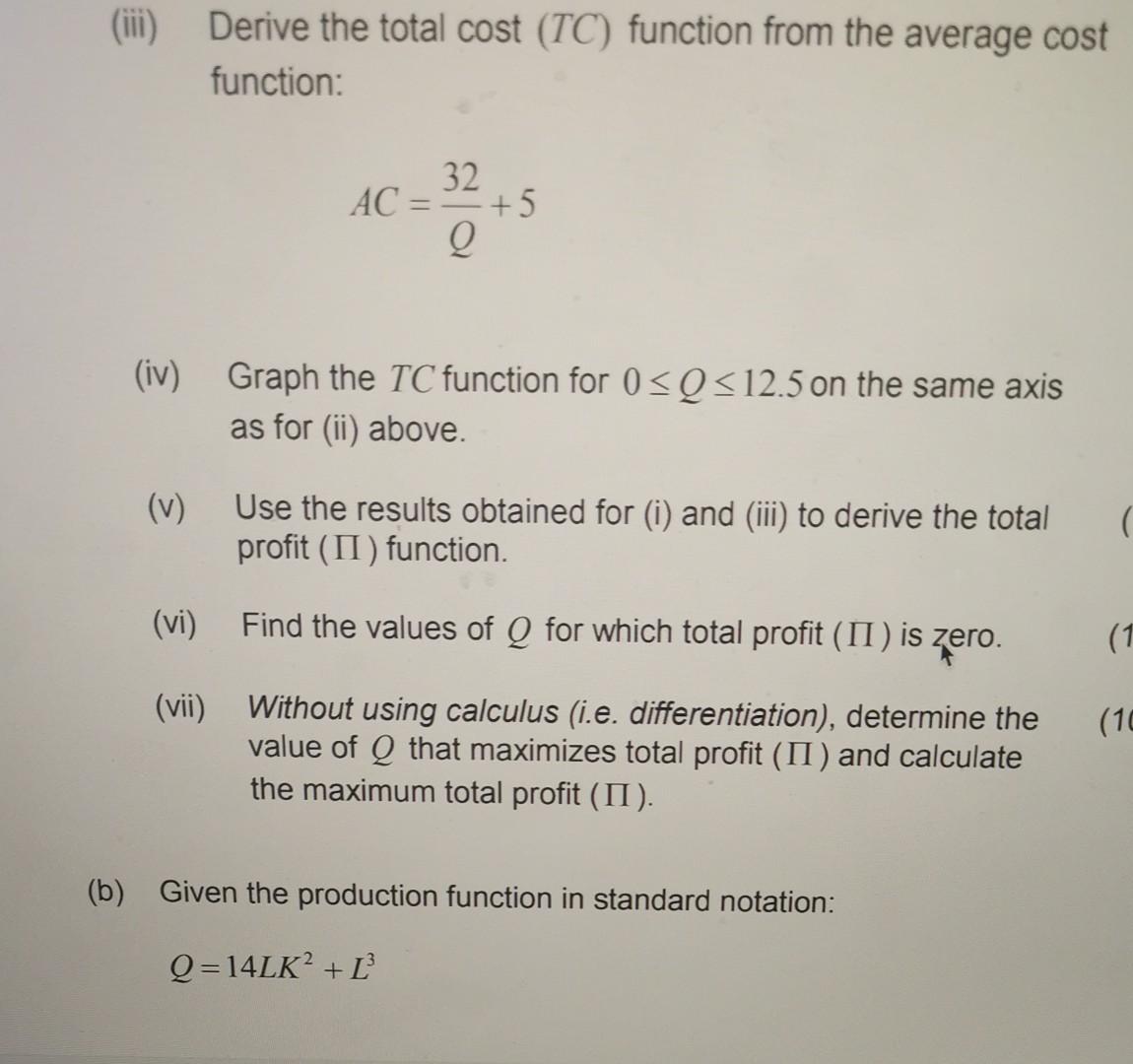 Solved (iii) Derive the total cost (TC) function from the | Chegg.com