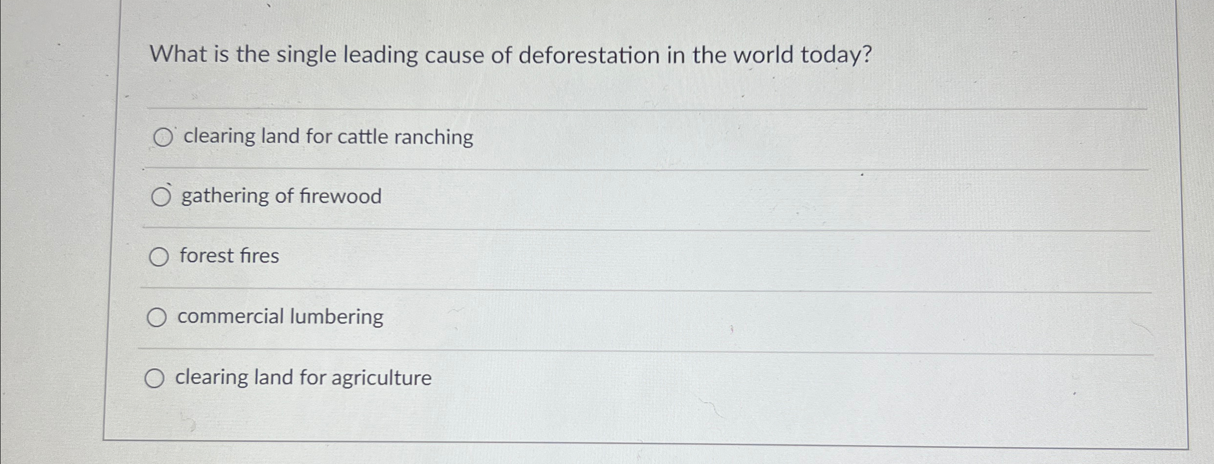 Solved What is the single leading cause of deforestation in | Chegg.com