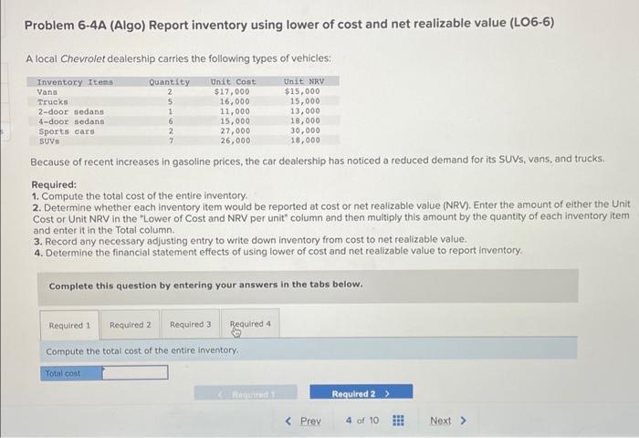 Solved S Problem 6-4A (Algo) Report inventory using lower of | Chegg.com