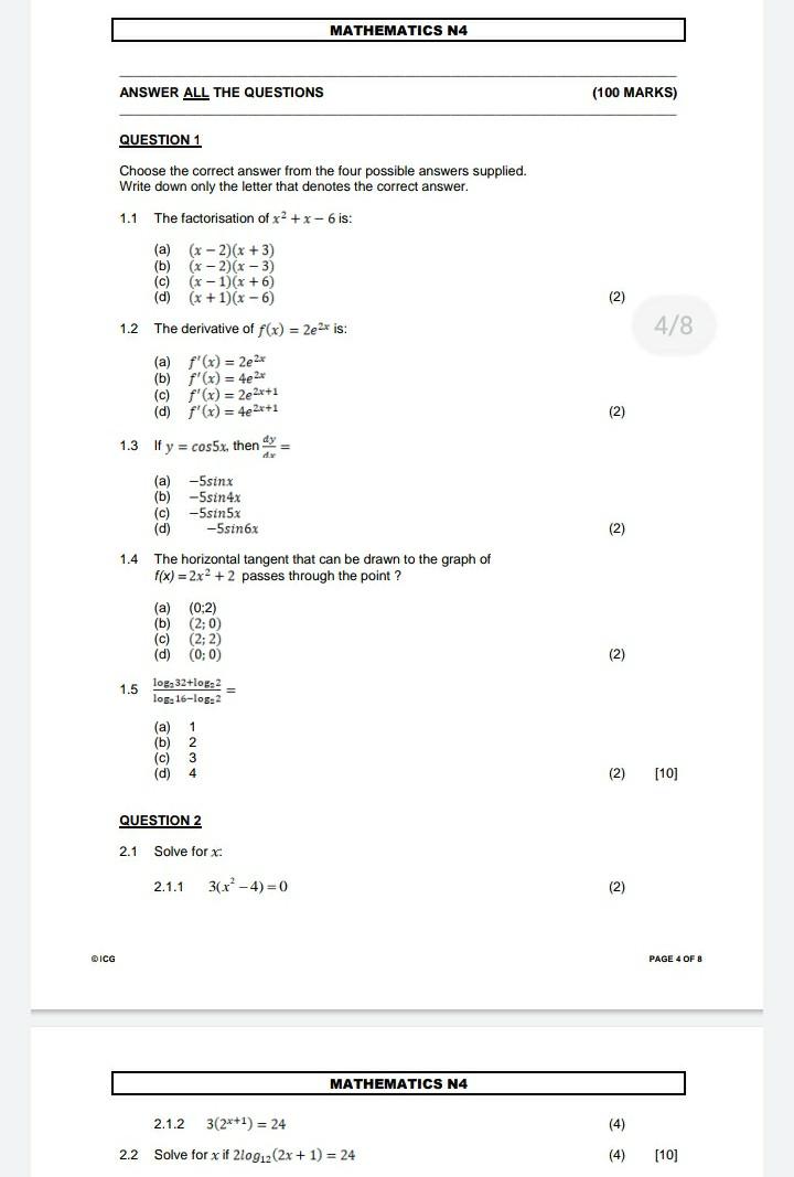 Solved MATHEMATICS N4 ANSWER ALL THE QUESTIONS (100 MARKS) | Chegg.com