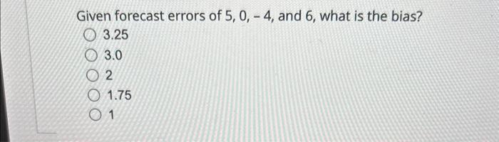 Solved Given forecast errors of 5,0,−4, and 6 , what is the | Chegg.com